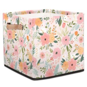 piolysio pink flowers 13 inch storage cube bins fabric storage bin with leather handles foldable storage organizer baskets for closet, shelves, bedroom, living room