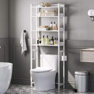 mahancris over the toilet storage rack, 4 tier bathroom organizer over toilet, freestanding space saver toilet stand with 2 hooks, bathroom storage shelf, easy to assemble, white tsbw0401