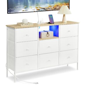 songmics dresser with power outlets and led lights, fabric chest of drawers, 25 colors, 8 drawers, tv stand for up to 60 inch tvs, 11.8 x 47.2 x 31.3 inches, cloud white and oak beige ults518w01