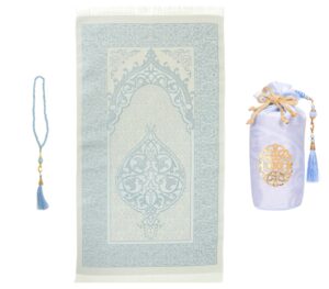 prien prayer rug with tasbih bag for pray, muslim gifts bayram, mat salah, sajadah for women & men, islamic gift set for islam ramadan, prayer, praying, eid, quran (blue)