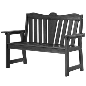 onbrill outdoor bench, 2-person weatherproof garden bench with wide armrests and backrest, all-weather patio bench will not rot and fade for garden, porch, backyard and park, easy installation, black