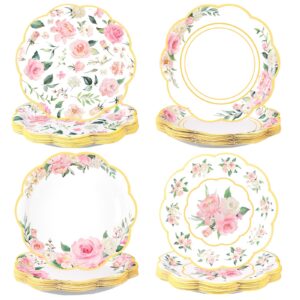 pickmesh 60 pcs floral paper plates 7 inches floral party plates pink floral disposable dinner plates gold foil edge paper plate tea party decoration for baby shower bridal shower birthday wedding