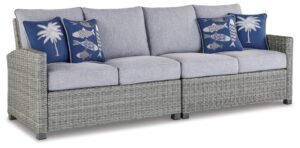 signature design by ashley naples beach casual outdoor right and left-arm facing loveseat with cushion and 4 throw pillows, set of 2, light gray