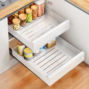 pull out cabinet organizer, 1 pack slide out drawers for kitchen cabinets, sliding no drill shelves fixed by adhesive, peel and stick on roll out shelf rack for home bathroom pantry base organization