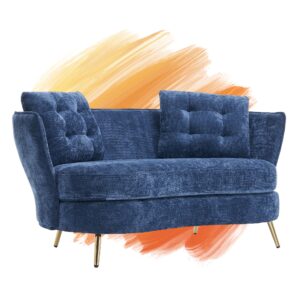 txftrr velvet loveseat, upholstered armless sofa with curved backrest and 2 pillows, compact couch and loveseat with golden legs and non-slip floor pads, unique couch for small spaces (blue)