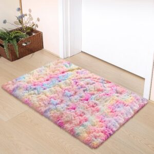 tennola shaggy tie dyed light rainbow rug small,2x3 ft area rugs for living room door entryway indoor inside front entrance dog mat anti-skid extra comfy fluffy floor carpet for home decorative