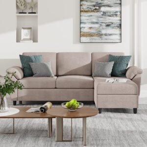 vongrasig 79" convertible sectional sofa couch, 3 seat l shaped sofa with removable pillows linen fabric small couch mid century for living room, apartment and office, khaki