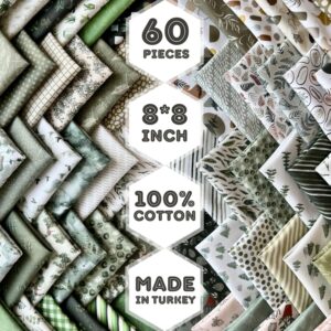 precut quilting fabric squares – 100% cotton 60pcs 8 x 8 inches (20cm x 20cm) sewing fabric bundle for patchwork and crafts, turkish cotton (eco style, #10)