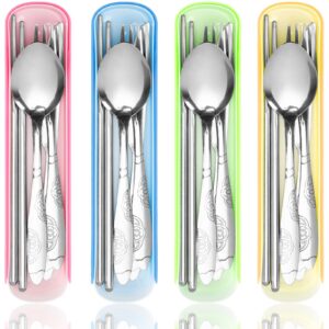 novwang 4 sets travel utensils with case, stainless steel cutlery reusable utensils set with case portable silverware lunch box for camping and office