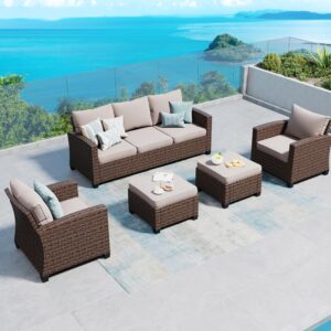 sunshine valley patio furniture set outdoor furniture brown wicker rattan patio conversation sets with cushion outside sofa set,5 pieces 7 seats,beige