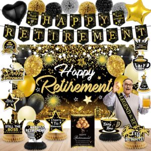 happy retirement party decorations for men women black and gold retirement party decorations happy retirement banner backdrop card retirement sash hanging swirls foil balloons honeycomb centerpieces