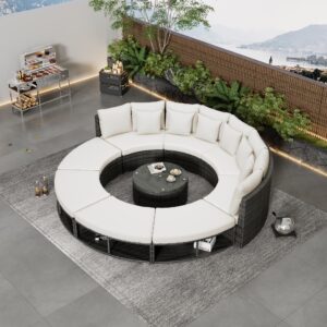 merax patio furniture set, 9-piece outdoor patio conversation set luxury circular outdoor sofa set rattan wicker sectional sofa lounge set with tempered glass coffee table, 6 pillows, beige