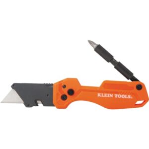 klein tools 44304 folding flickblade utility knife, compact, removable impact driver, 1/4-inch nut driver and 2 phillips bit