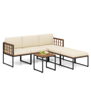 tangkula 6 pieces acacia wood patio furniture set, patiojoy outdoor sectional conversation sofa set with cushions, coffee table and ottomans, patio seating sofas for garden, poolside, backyard (beige)