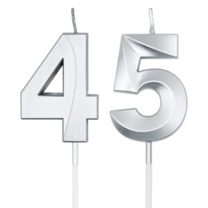 silver 45th & 54th birthday candles for cakes, number 45 54 candle cake cupcake topper for birthday anniversary party decoration