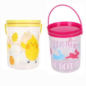 dade easter day-themed plastic buckets with lids & handle, assorted holiday themed-party gift favors storage organizer holder container multi-use reusable ornaments accessories decorations, 2 ct.