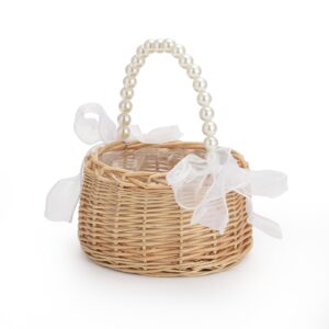 flower girl basket wicker rattan flower girl basket wedding flower girl basket with pearl handle and bows fairy flower basket rattan basket for weddings bridal anniversary party decor(brown)