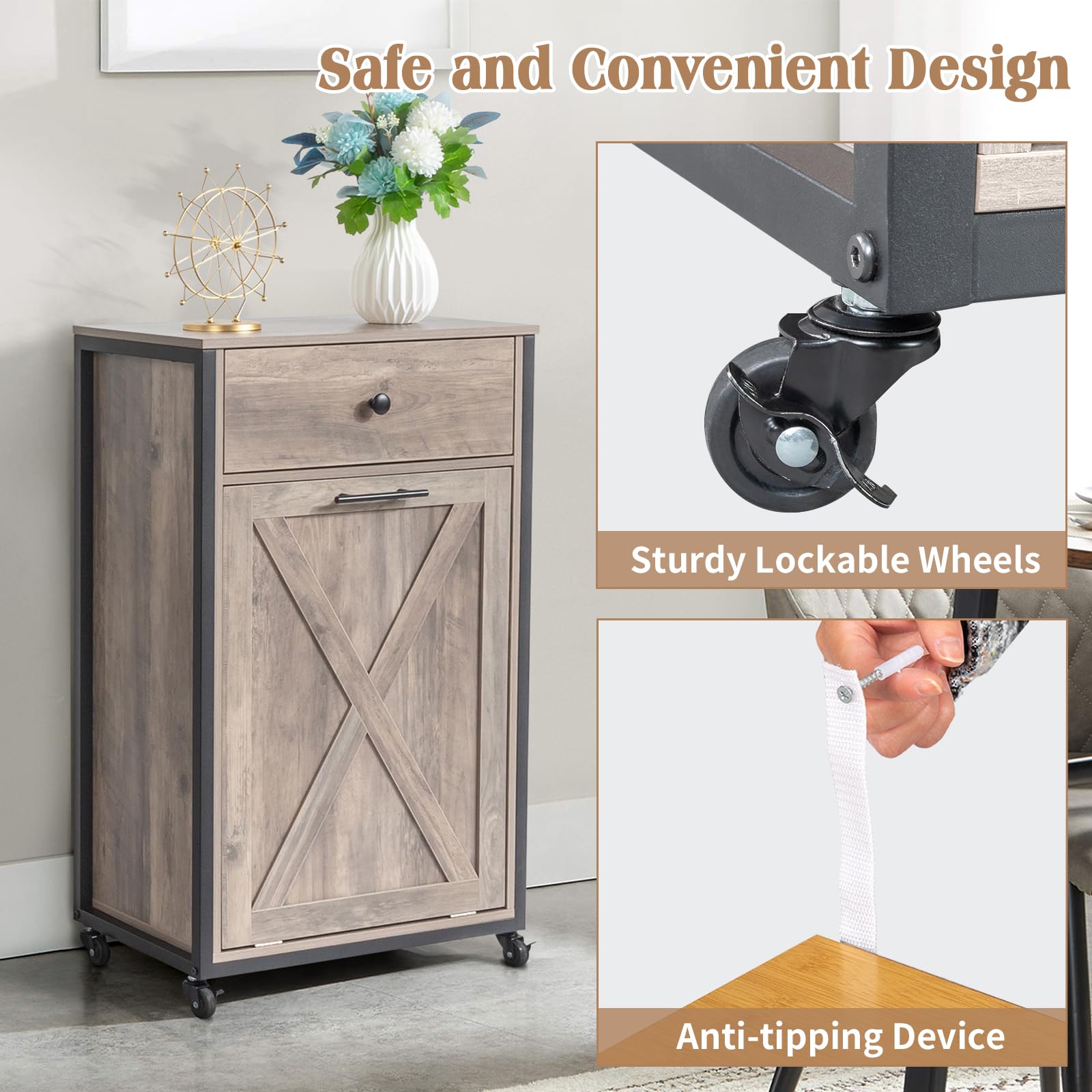 Karl home Tilt Out Trash Can Cabinet for Kitchen, Tilt Out Laundry Hamper Cabinet with Drawers and Lockable Wheels, Bathroom Laundry Cabinet with 10 Gallon Dirty Clothes Basket, Grey