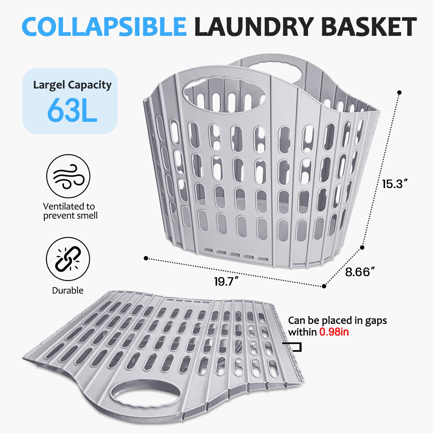 B BIBYKIVN Collapsible Laundry Basket,63L/16.6 Gallon Large Plastic Laundry Basket with Carry Handle,Space-Saving,Foldable Laundry Basket for Easy Storage,for Home,Dorm,Travel Use (B/Grey, 2 pack)