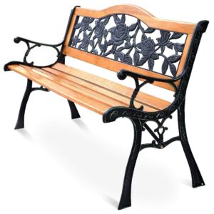 happygrill outdoor garden bench, patio park bench with cast iron & hardwood structure, 50" porch loveseat outdoor furniture path chair