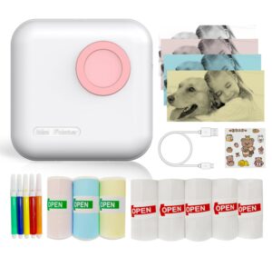 mini printer portable, inkless sticker printer with 8 rolls paper, bluetooth wireless mini thermal printer, print pod compatible with ios + android for journal, memo, photo, diy, work, gifts (pink)