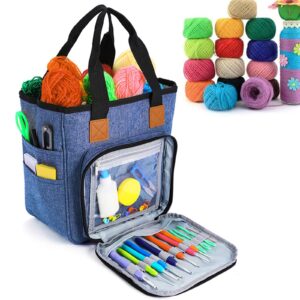 hymic yarn storage organizer tote bag, portable storage bag for yarns, tote-large capacity crochet organizer crocheting kit, knitting needles, yarn balls, project & sewing (blue)