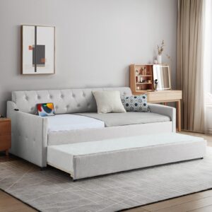 antetek daybed with pop up trundle, modern button tufted linen upholstered sofa bed frame, twin to king size day bed w/usb & type c port for bedroom, living room, no box spring needed, beige