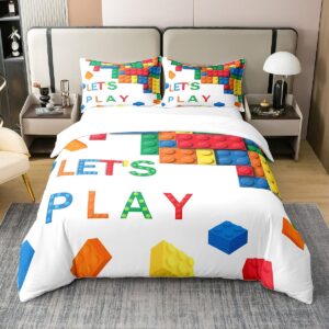 feelyou building block print bedding set full size kids brick styles comforter cover set for boys teens colorful duvet cover 100% cotton breathable gaming bedspread cover room decor quilt cover