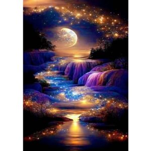 waterfall landscape diamond art kits for adults,diy moonlight diamond painting kits for adults beginners,5d full drill diamond dots with diamond gem art and crafts for home wall decor 12x16inch