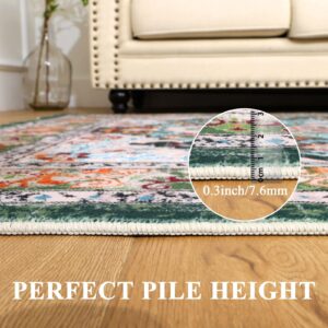 U'Artlines Boho Vintage Area Rug 3x5 Machine Washable Low Pile Soft Floor Carpet Non Slip Non Shedding Accent Rug for Living Room Bedroom Entryway Dining Room Office Green