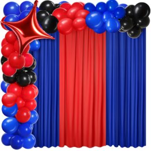 smoothnovelty 57 pcs red blue black party decorations 2 royal blue and 1 red chiffon backdrop curtain 54 pcs black red and blue balloons arch garland kit for birthday graduation party decorations