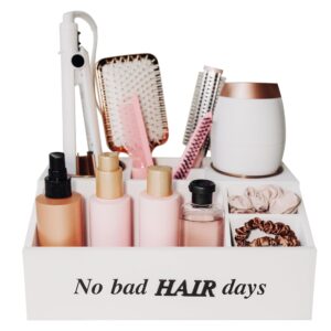 hair tool organizer w/ 7 compartments - wooden hair product organizer - hair straightener, brushes, bathroom hair dryer holder w/ 2 rose gold cups - hot tools organizer for bathroom counter or vanity