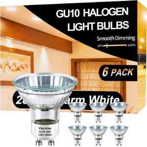 vannise mr16 gu10 bulb 35w, 6 pack high output gu10+c 120v 35w bulb with gu10 base, long lasting gu10 halogen bulb warm white 2800k, gu10 dimmable, gu10 120v 35w for candle warmer, track lighting