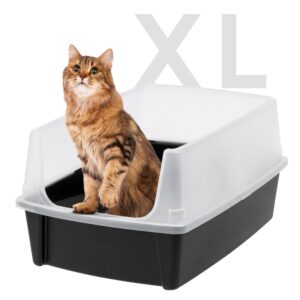 iris usa extra large cat litter box, open top litter box for big cats and multi-cat households, high sided scatter shield, easy to clean, black