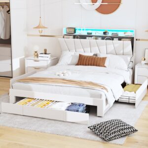 fameill full size bed frame with storage headboard and 3 drawers,upholstered platform bed with charging station,full bed frame with led lights,no box spring,beige