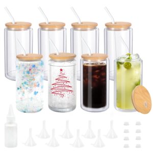 wheathusk 8 pack pre drilled double wall beer glass can shaped blank tumblers with rubber stopper & funnel bamboo lid & glass straws for snow globe glitter diy 12oz