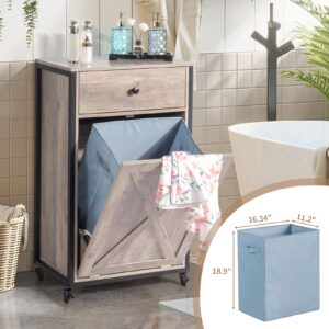 Karl home Tilt Out Trash Can Cabinet for Kitchen, Tilt Out Laundry Hamper Cabinet with Drawers and Lockable Wheels, Bathroom Laundry Cabinet with 10 Gallon Dirty Clothes Basket, Grey