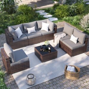 vonzoy patio furniture set, 7-piece outdoor sectional with waterproof cover, all-weather wicker patio conversation sets for backyard (brown with grey cushion)