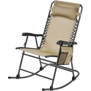 yaheetech 26in rocking chair outdoor zero gravity folding chairs rocking chairs foldable outdoor lounge chair for outside lawn with cupholder/pillow ergonomic design for rest, beige