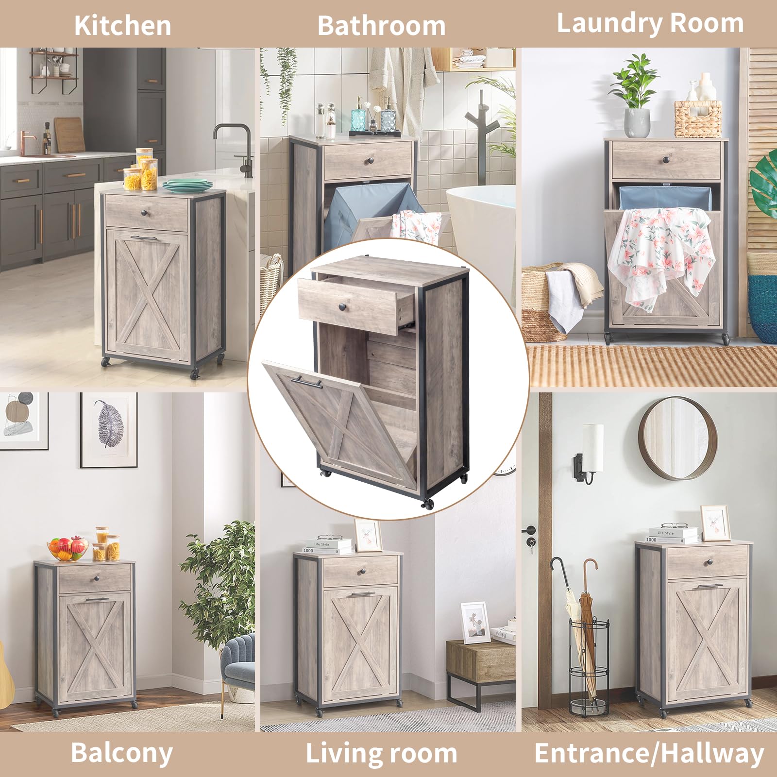 Karl home Tilt Out Trash Can Cabinet for Kitchen, Tilt Out Laundry Hamper Cabinet with Drawers and Lockable Wheels, Bathroom Laundry Cabinet with 10 Gallon Dirty Clothes Basket, Grey