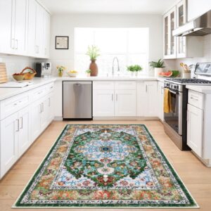 U'Artlines Boho Vintage Area Rug 3x5 Machine Washable Low Pile Soft Floor Carpet Non Slip Non Shedding Accent Rug for Living Room Bedroom Entryway Dining Room Office Green