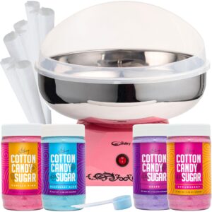 the candery cotton candy machine with stainless steel bowl 2.0 and floss bundle- flossing sugar floss, birthday parties fairs- includes 5 floss sugar flavors 12oz jars and 50 paper cones & scooper