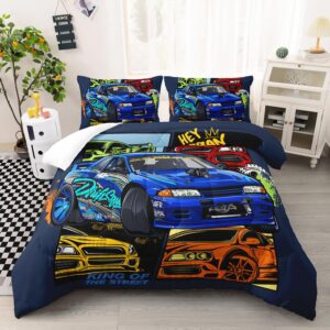 ailonen colorful racing car comforter set twin size, extreme sports theme bedding set for kids boys,modern race car bed in a bag,cool sports car duvet set,1 quilt 2 pillowcases,3 pcs