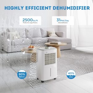 Dehumidifier for Basement 2500 Sq.Ft, 31 Pints Dehumidifiers for Home Large Room with Drain Hose for Bathroom, 2L Water Tank, Dry Clothes Mode, Intelligent Humidity Control with Timer Auto Shut Off