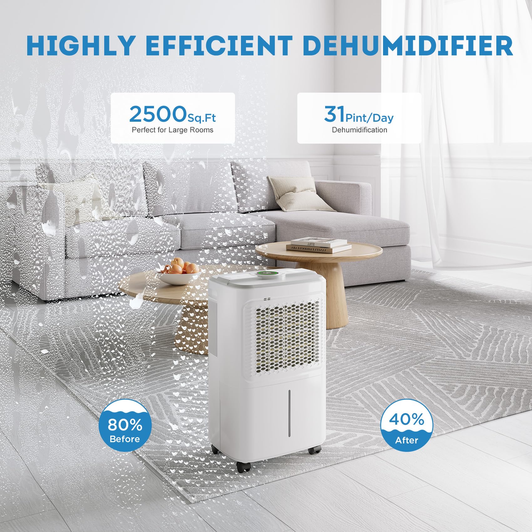 Dehumidifier for Basement 2500 Sq.Ft, 31 Pints Dehumidifiers for Home Large Room with Drain Hose for Bathroom, 2L Water Tank, Dry Clothes Mode, Intelligent Humidity Control with Timer Auto Shut Off