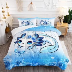 ailonen cartoon axolotl kids comforter set queen size, blue axolotl printed kawaii bedding set girls bed in a bag 3 pieces,wildlife animals axolotl salamander comforter with 2 pillowcases