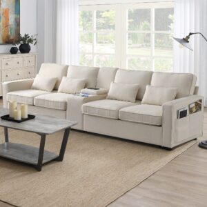 favfurish 114.2" linen upholstered sofa with consoleand 2 usb ports wired or wirelessly charged,modern 4-seat couches w/ 4 pillows and two cupholders,for living room,apartment,beige