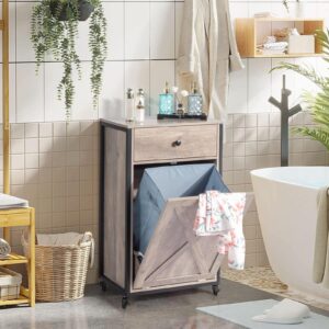 karl home tilt out trash can cabinet for kitchen, tilt out laundry hamper cabinet with drawers and lockable wheels, bathroom laundry cabinet with 10 gallon dirty clothes basket, grey