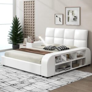 eovtk queen size upholstered platform bed with built-in multimedia nightstand and storage shelves, faux leather platform bed frame with 2 cup holders, light and charging station, white