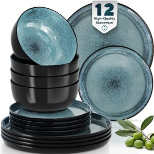 12 piece dinnerware sets for 4 - modern style stoneware dinnerware set - scratch resistant, dishwasher safe plates and bowls sets ceramic, dish set, bowl and plate set - black and petrol blue…